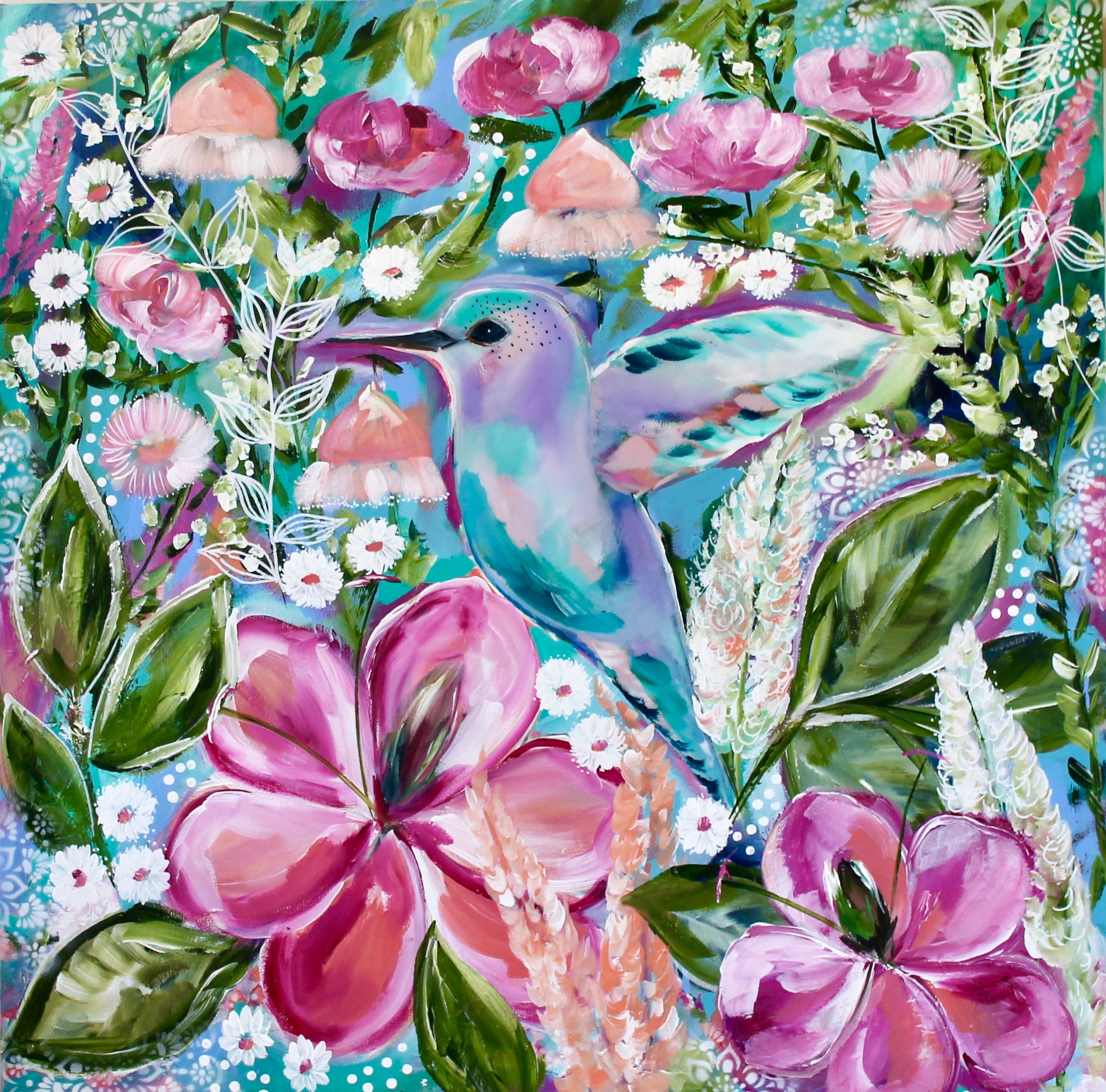Hummingbird in the Blossom Garden - 90 x 90 cm – Julia Jones Art